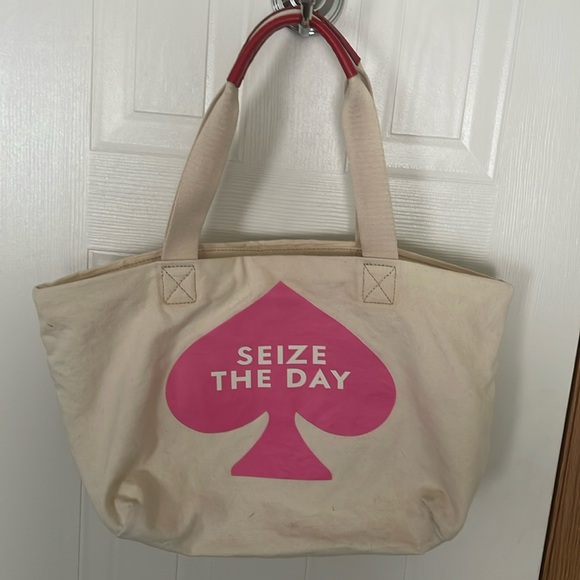 kate spade | Bags | Kate Spade Canvas Tote Pink Logo Canvas Leather ...
